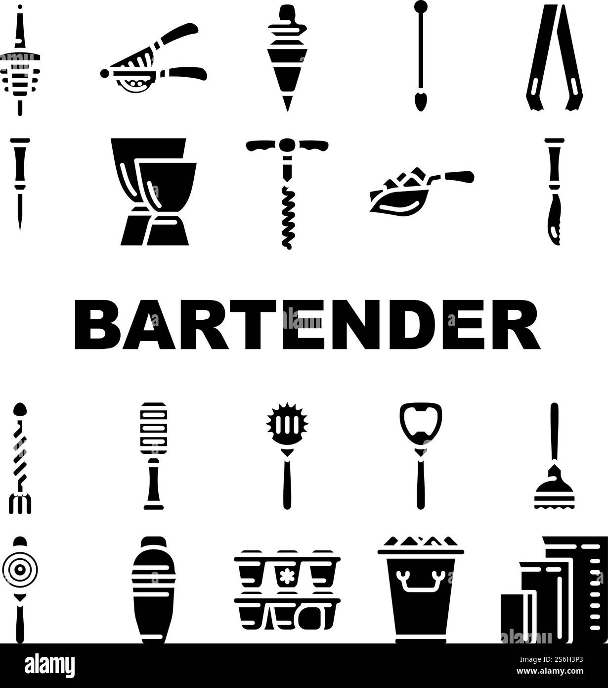 Bartender Accessory Collection Icons Set Vector. Bar Spoon And Grater ...