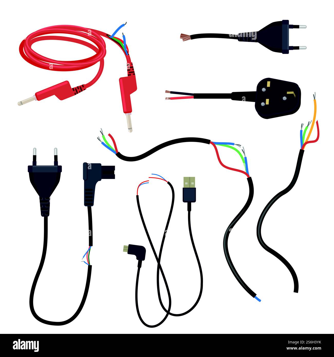 Damaged cord. Electrical cables cut lose signal break plug vector ...