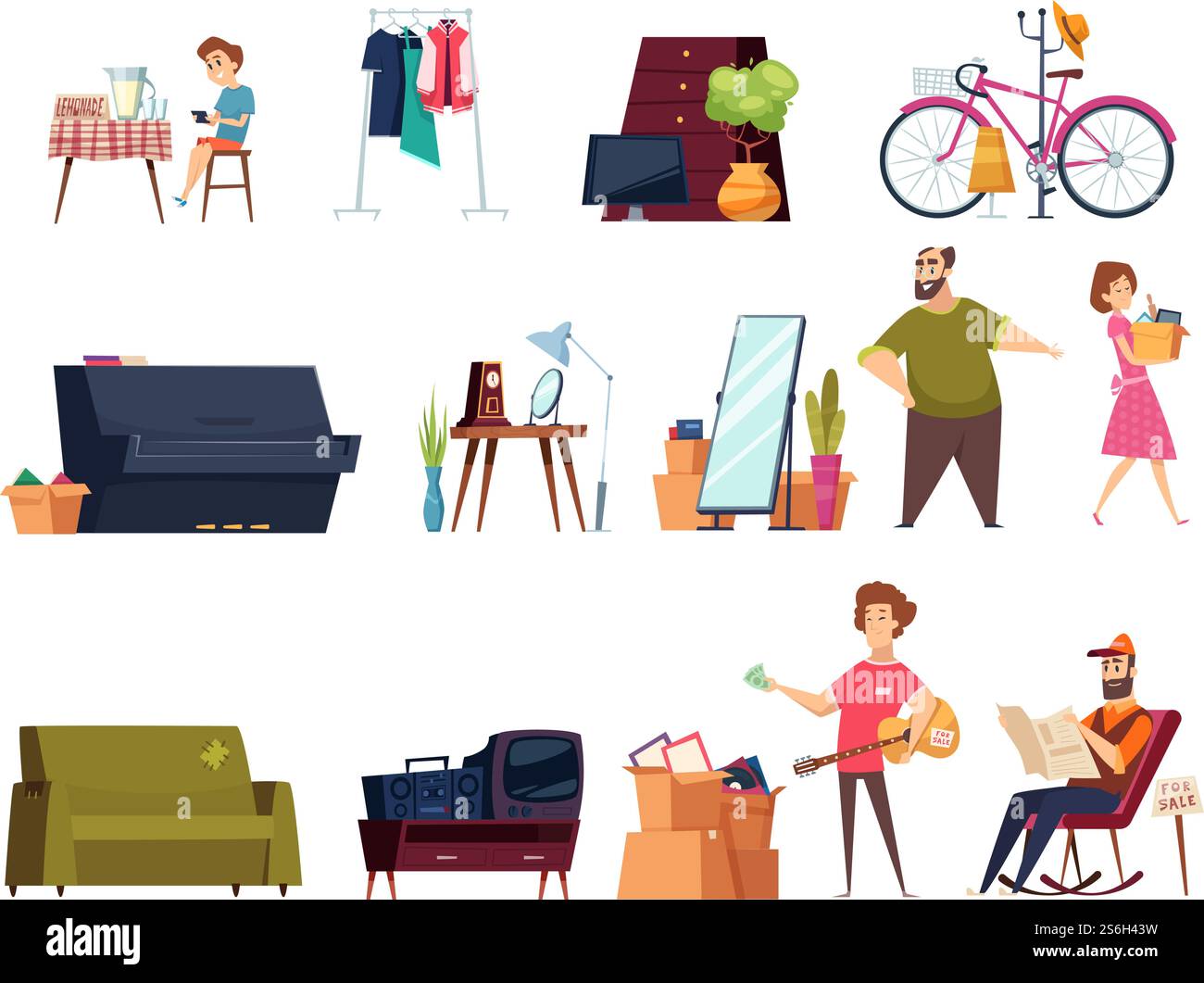 Garage selling. Flea marketplace with clothes and home vintage items ...