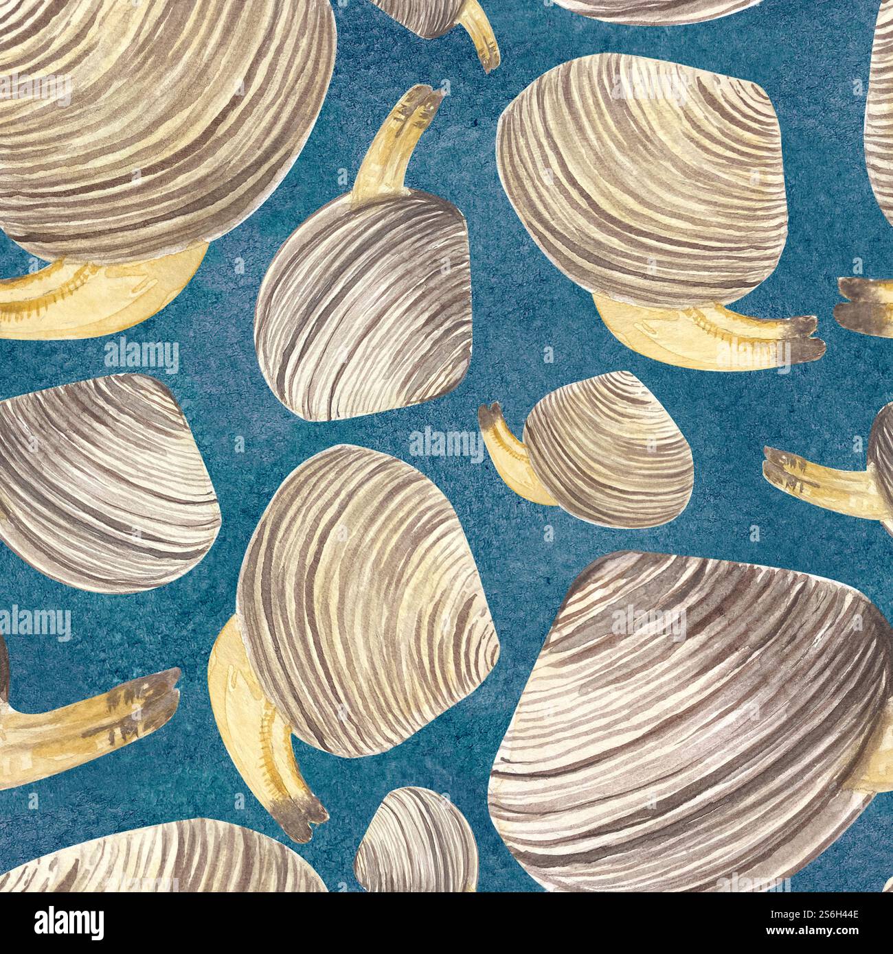 Clams in a shell watercolor seamless pattern on blue background. High ...