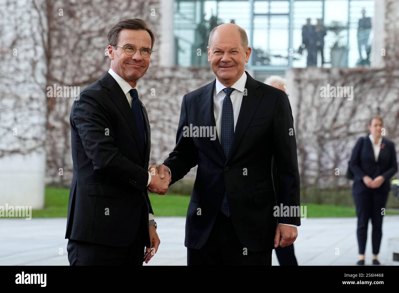German Chancellor Olaf Scholz, right, welcomes Sweden's Prime Minister ...