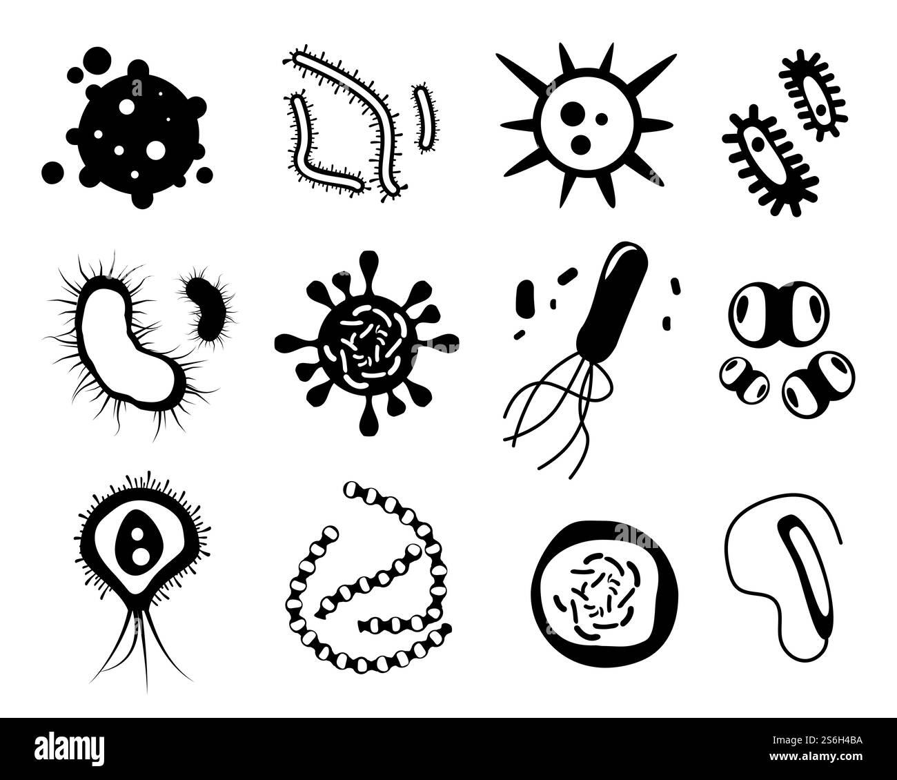 Microbes silhouettes. Bacteria and viruses biology pandemic icons set ...