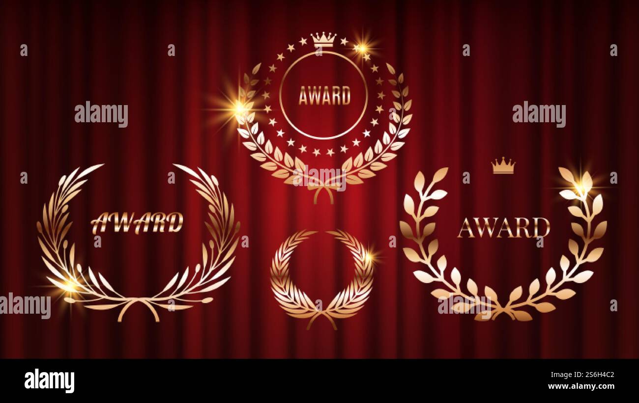 Award signs. Shine laurel wreaths on red curtains. Golden bronze ...