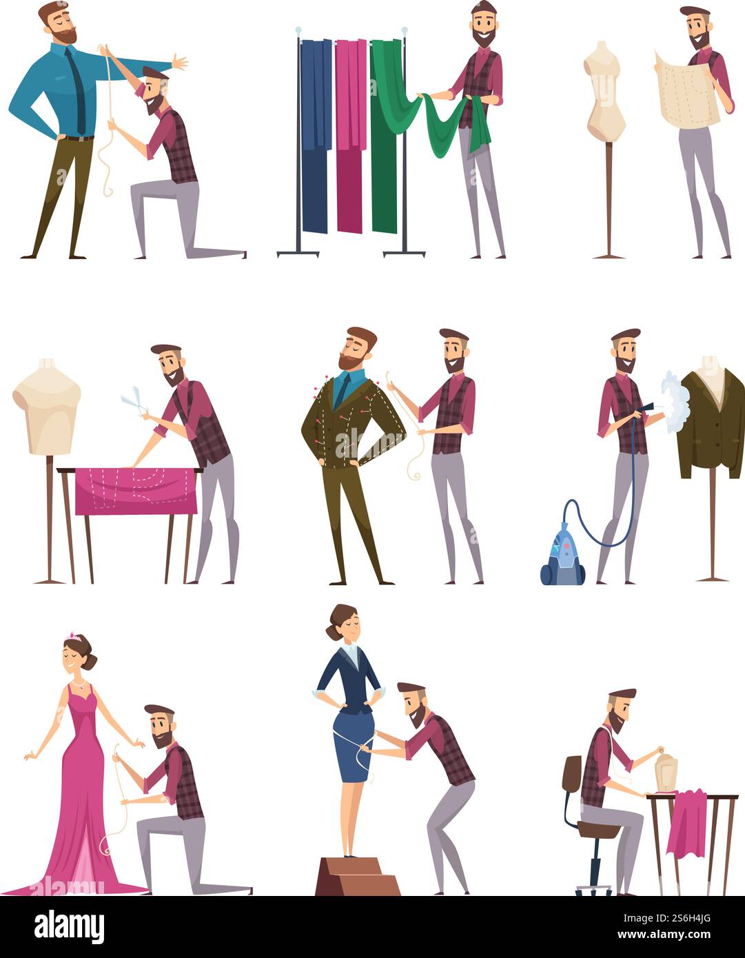 Tailor characters. Fabric sewing workings in atelie dressmaker people ...