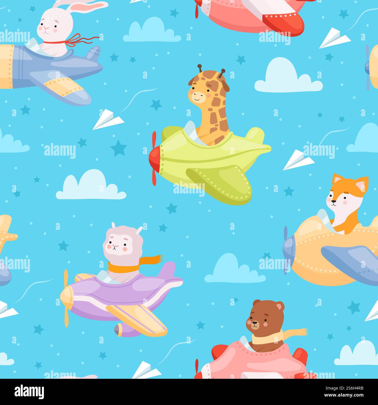 Airplane pattern. Animal kid characters in airplanes flying helicopter ...