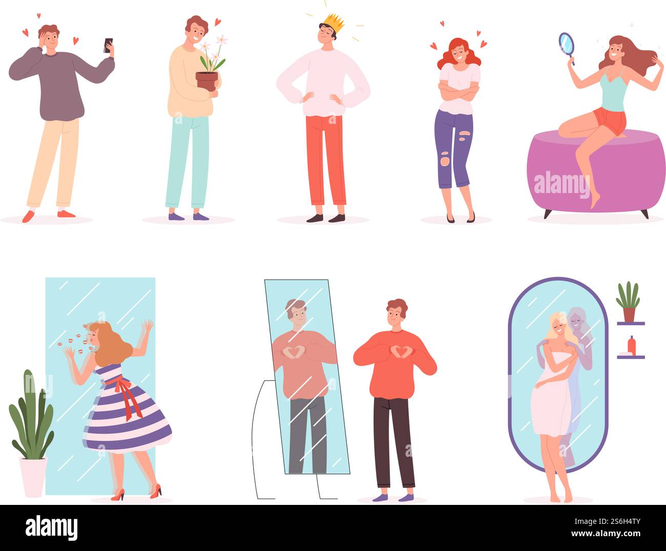 Vanity people. Narcissistic characters smiling emotions of male and ...