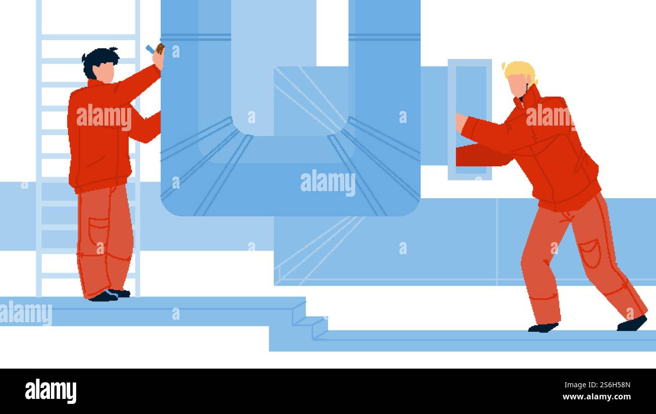 Hvac Ventilation Installation Or Repair Men Vector. Workers Check ...