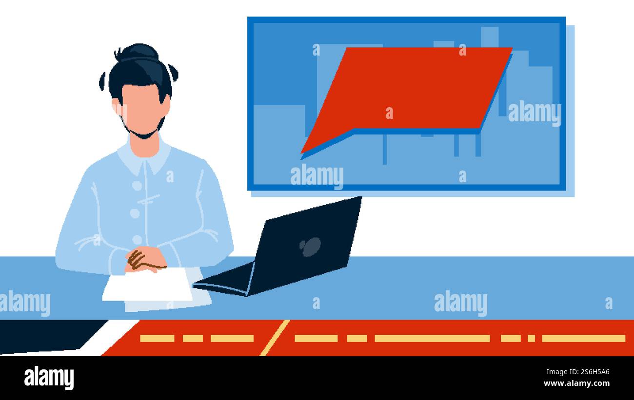 Tv News Presenter In Television Studio Vector. Newsreader Presenting Tv ...