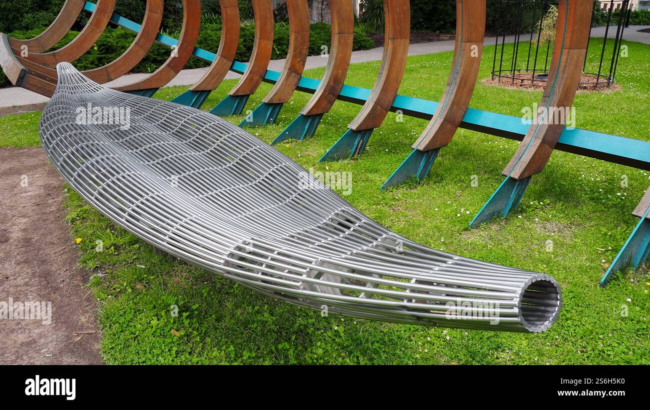 Nigel Helyer's 2018 sculpture of an Aboriginal bark canoe made in steel ...