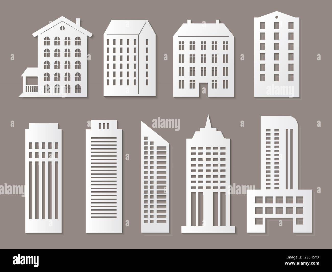 Paper buildings. Origami houses with shadows white urban constructions ...