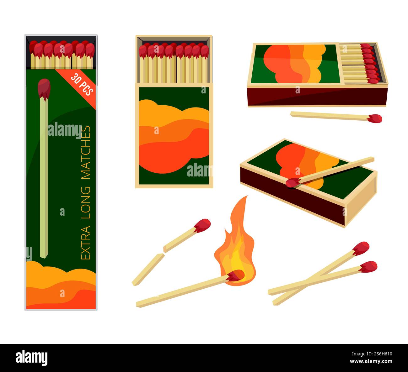 Matches cartoon. Fire symbols dangerous wooden matches safety ...