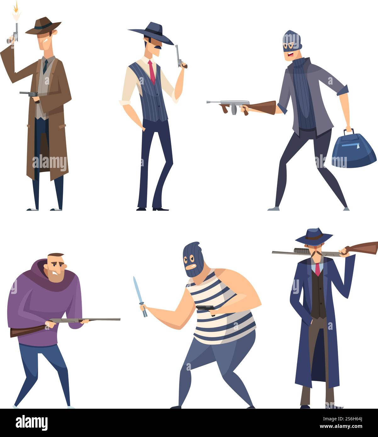 Gangster cartoon. Retro soldiers bandit masked with weapons guns threat ...