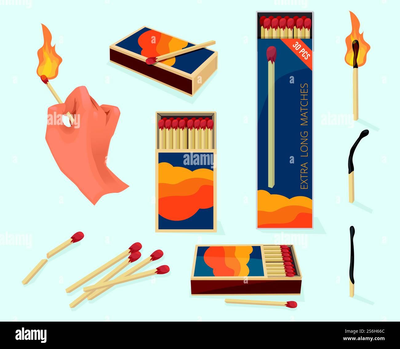 Burning matches. Safety packages for matchstick wooden stick flame ...
