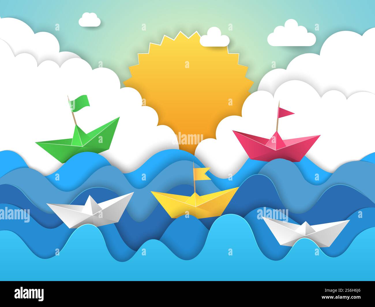 Paper boat. Origami water waves with shadows from cut paper sailing ...