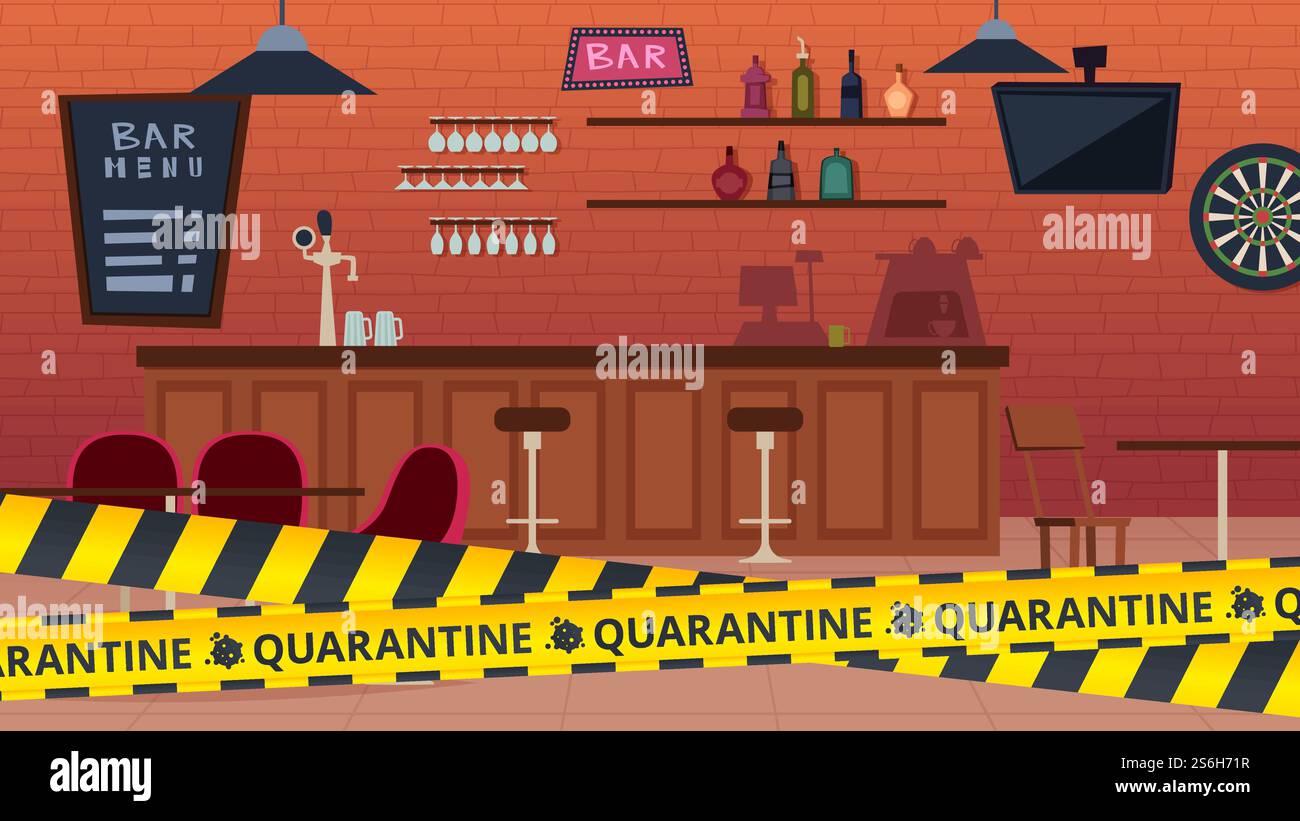 Quarantine bar closed. Global epidemic and isolation period, yellow ...
