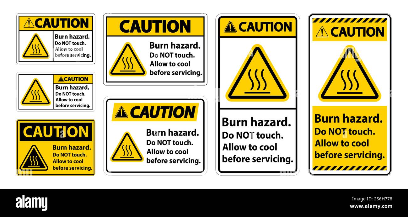 Caution Burn hazard safety,Do not touch label Sign on white background ...