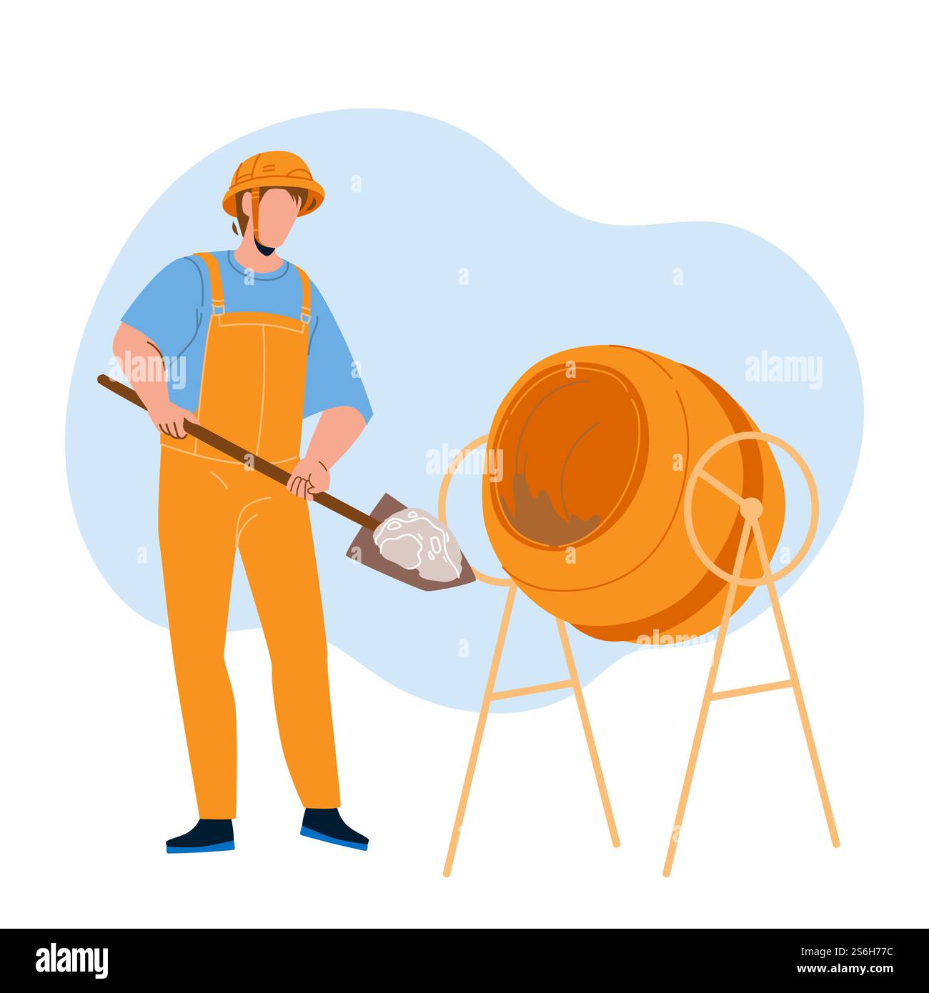 Mixing Cement Construction Worker In Tool Vector. Builder Filling ...