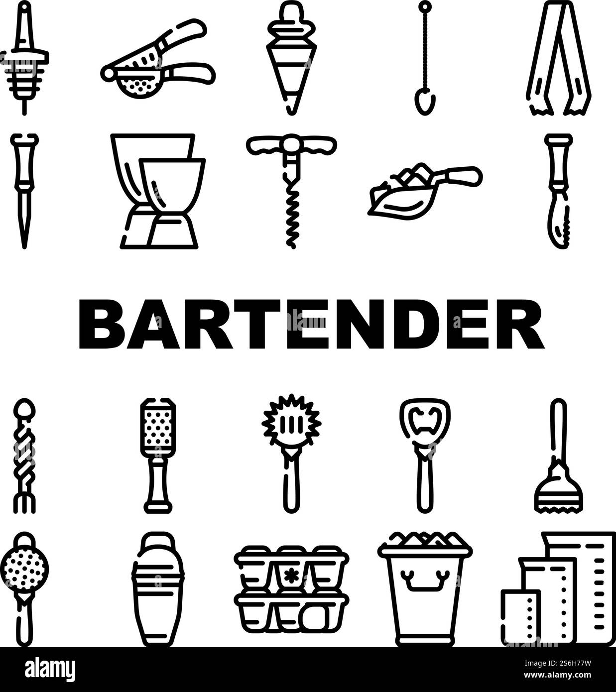 Bartender Accessory Collection Icons Set Vector. Bar Spoon And Grater ...