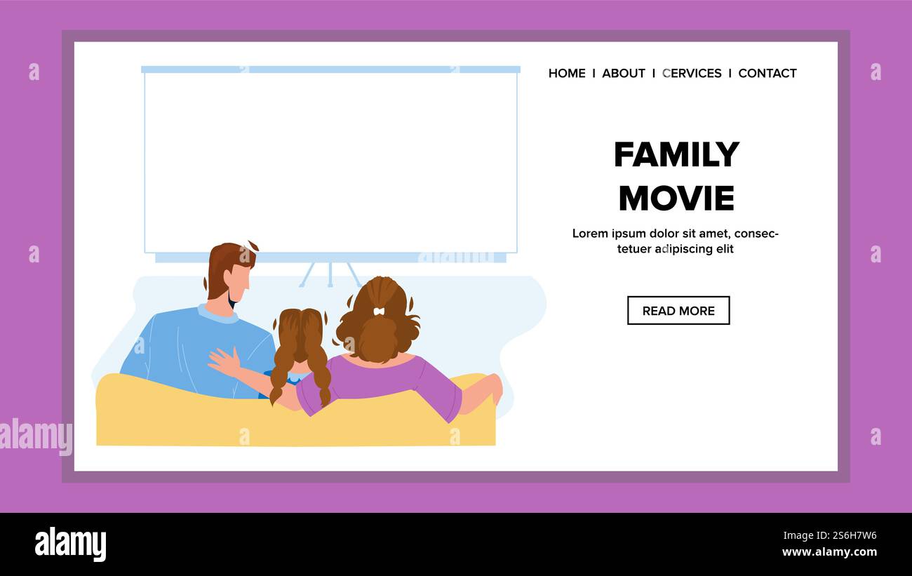 Family Movie Watching On Screen Together Vector. Father, Mother And ...