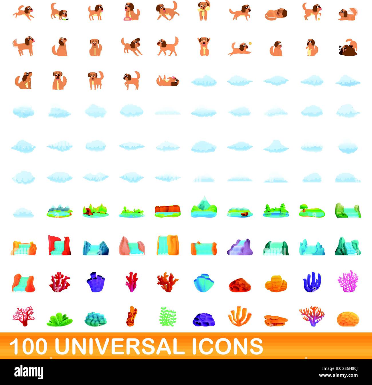 100 universal icons set. Cartoon illustration of 100 universal icons ...
