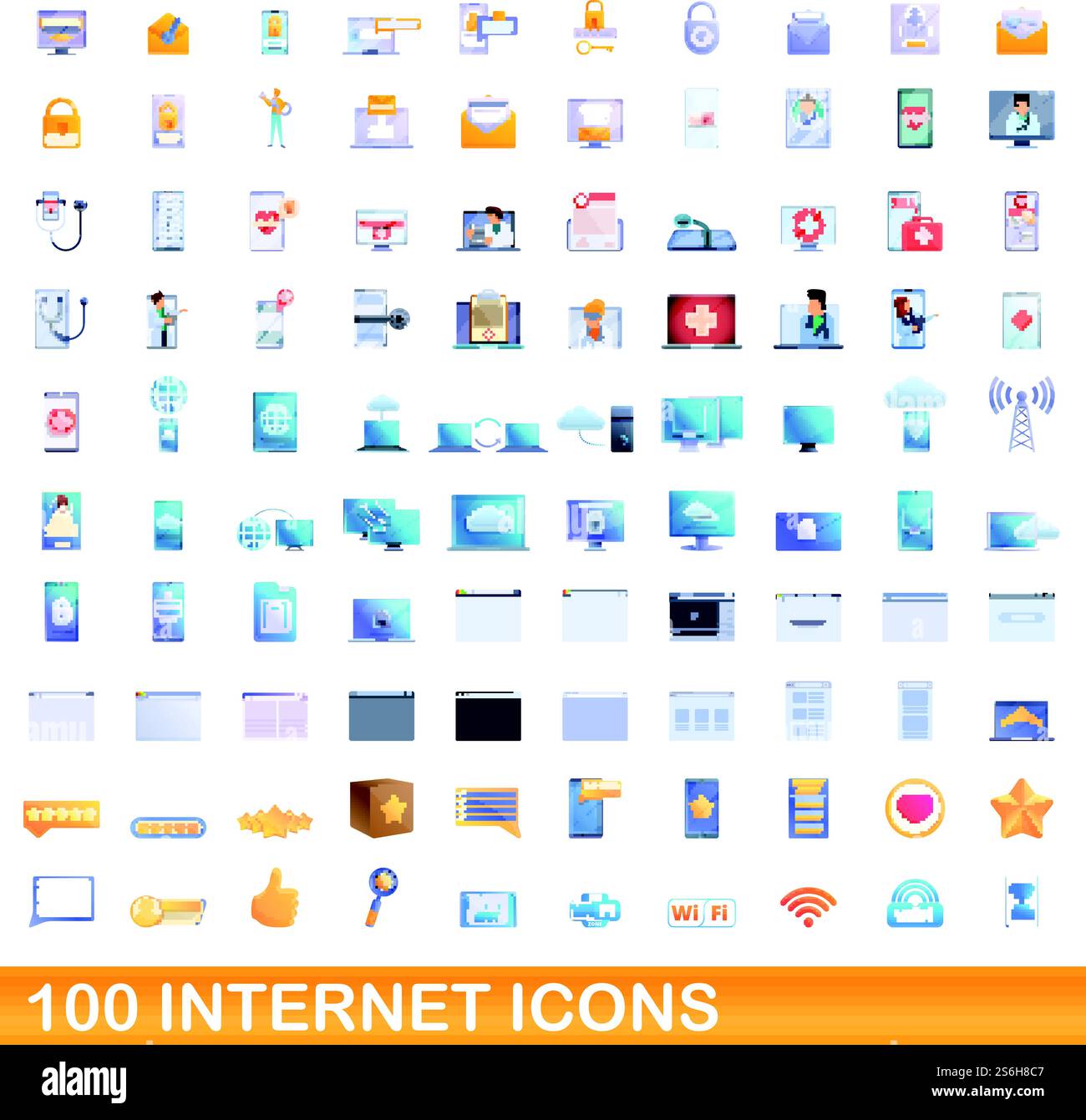100 internet icons set. Cartoon illustration of 100 internet icons ...