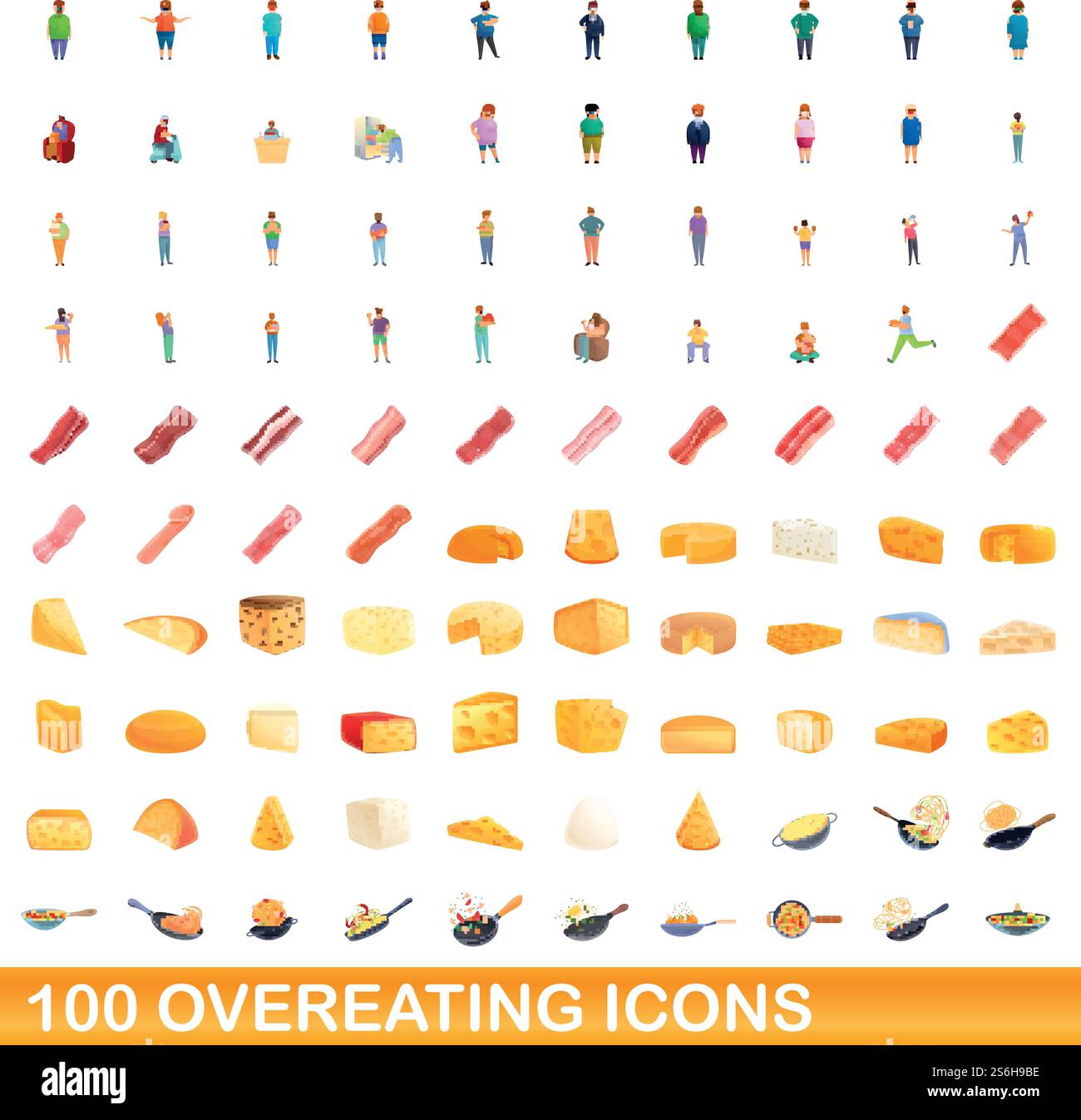 100 overeating icons set. Cartoon illustration of 100 overeating icons ...