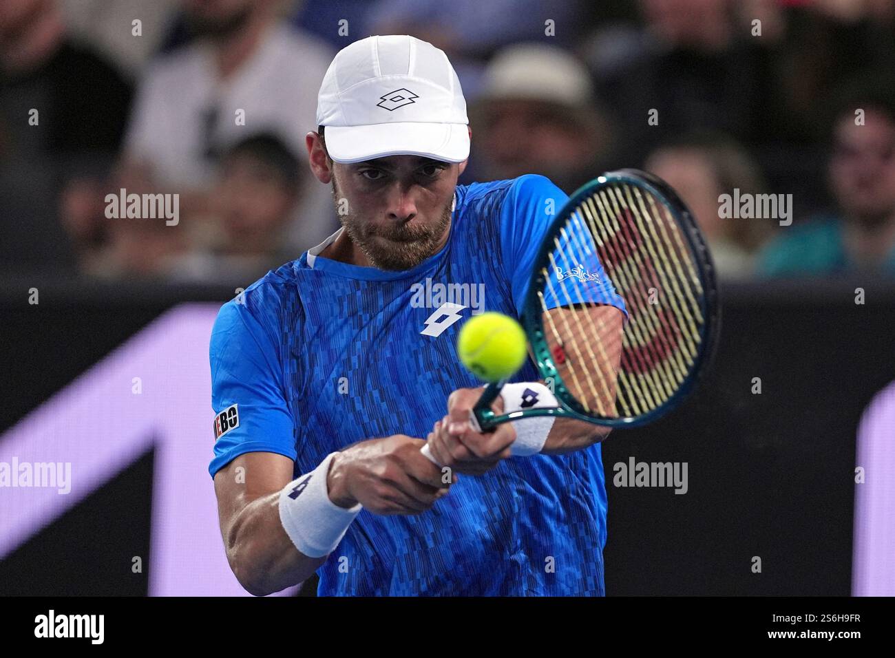 Benjamin Bonzi of France plays a backhand return to Jiri Lehecka of the ...