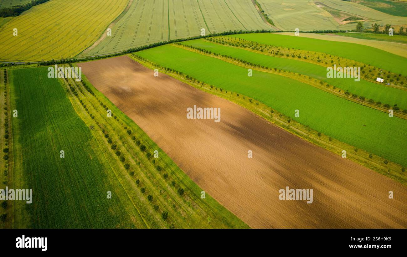 Rural drone aerial view landscape of farm fields and rolling hills in ...