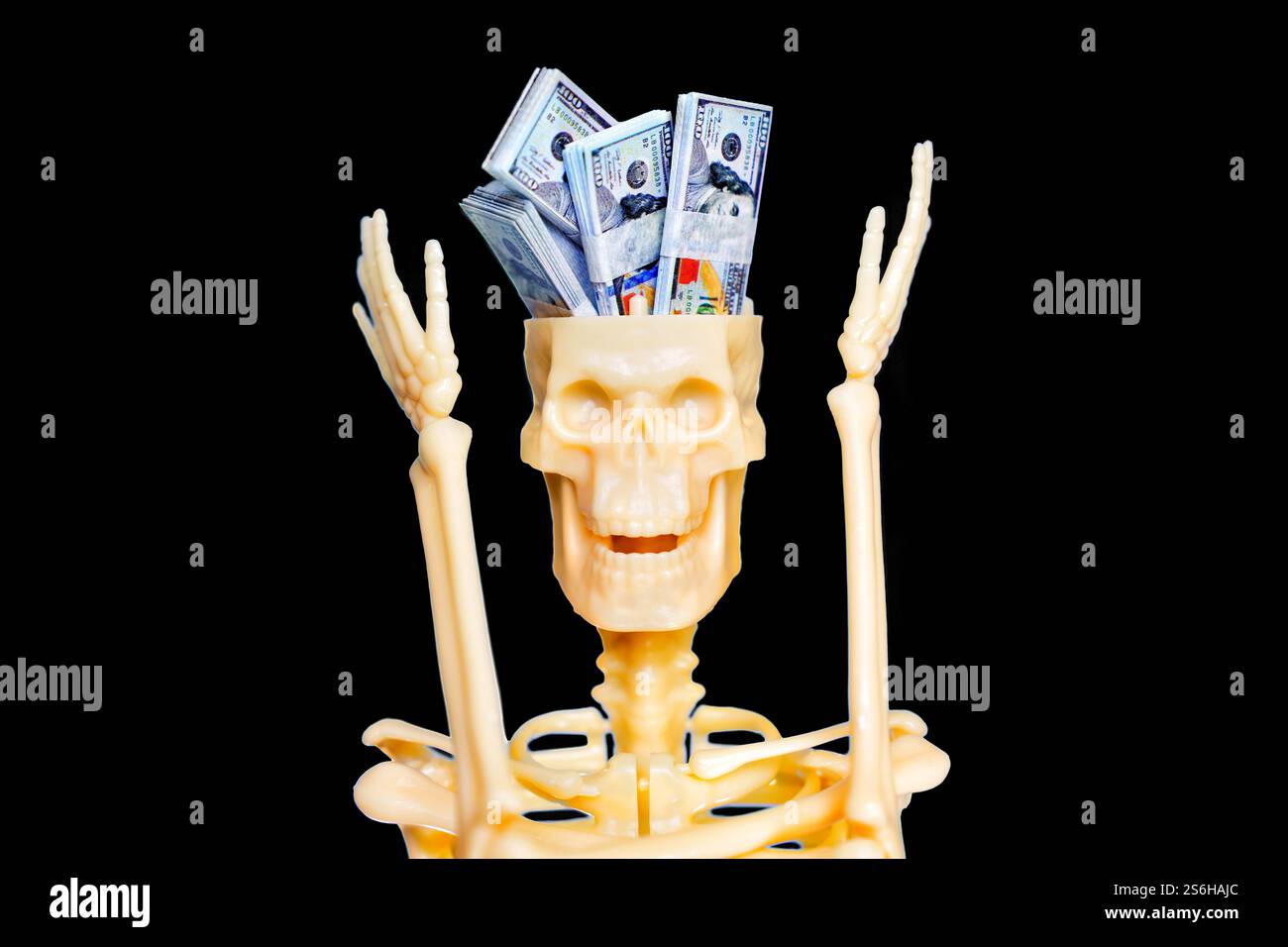 Human skeleton with currency notes protruding from its open skull, arms ...