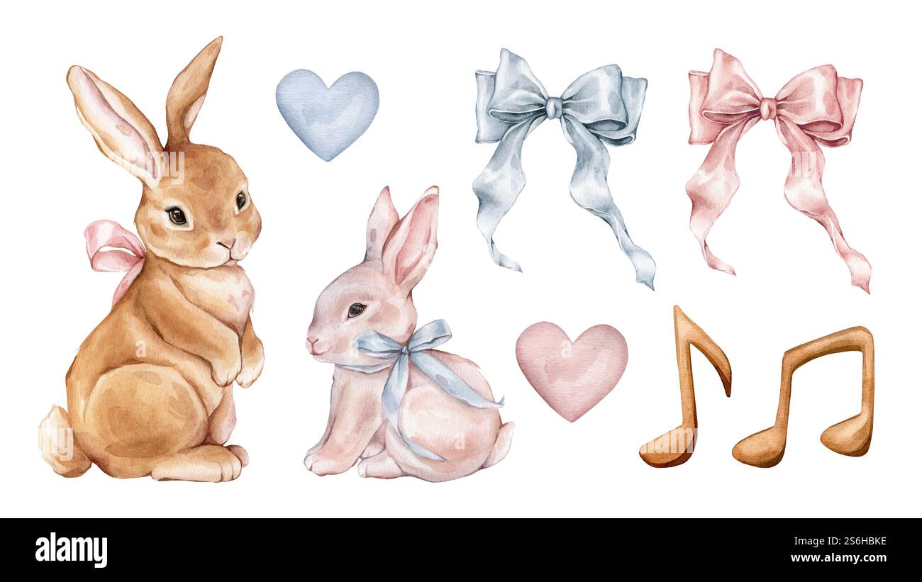 Watercolor set of red rabbit and white pink bunny with bow. Hand drawn ...