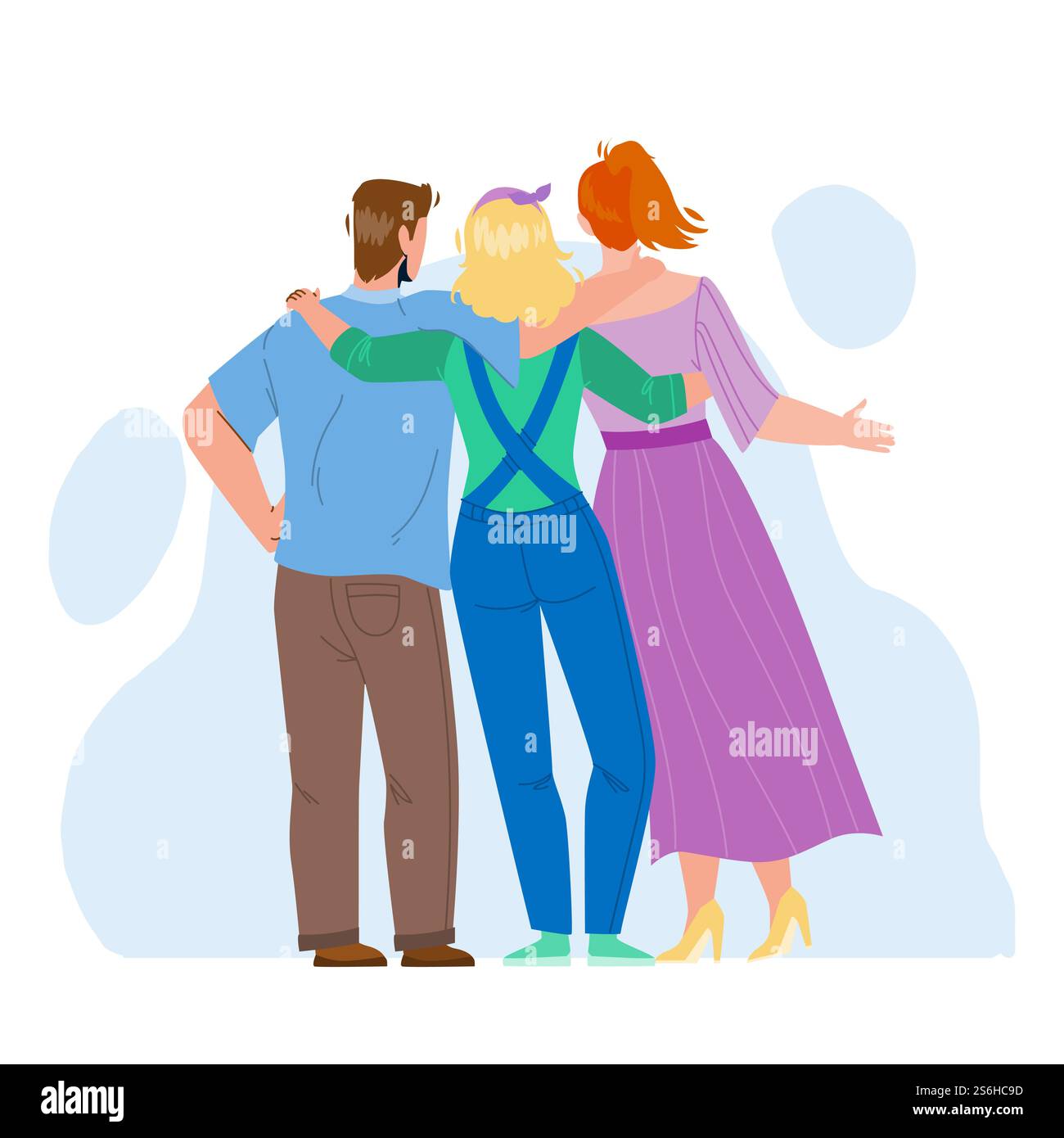 Friendship Young People Back Side View Vector. Man And Women Embracing ...