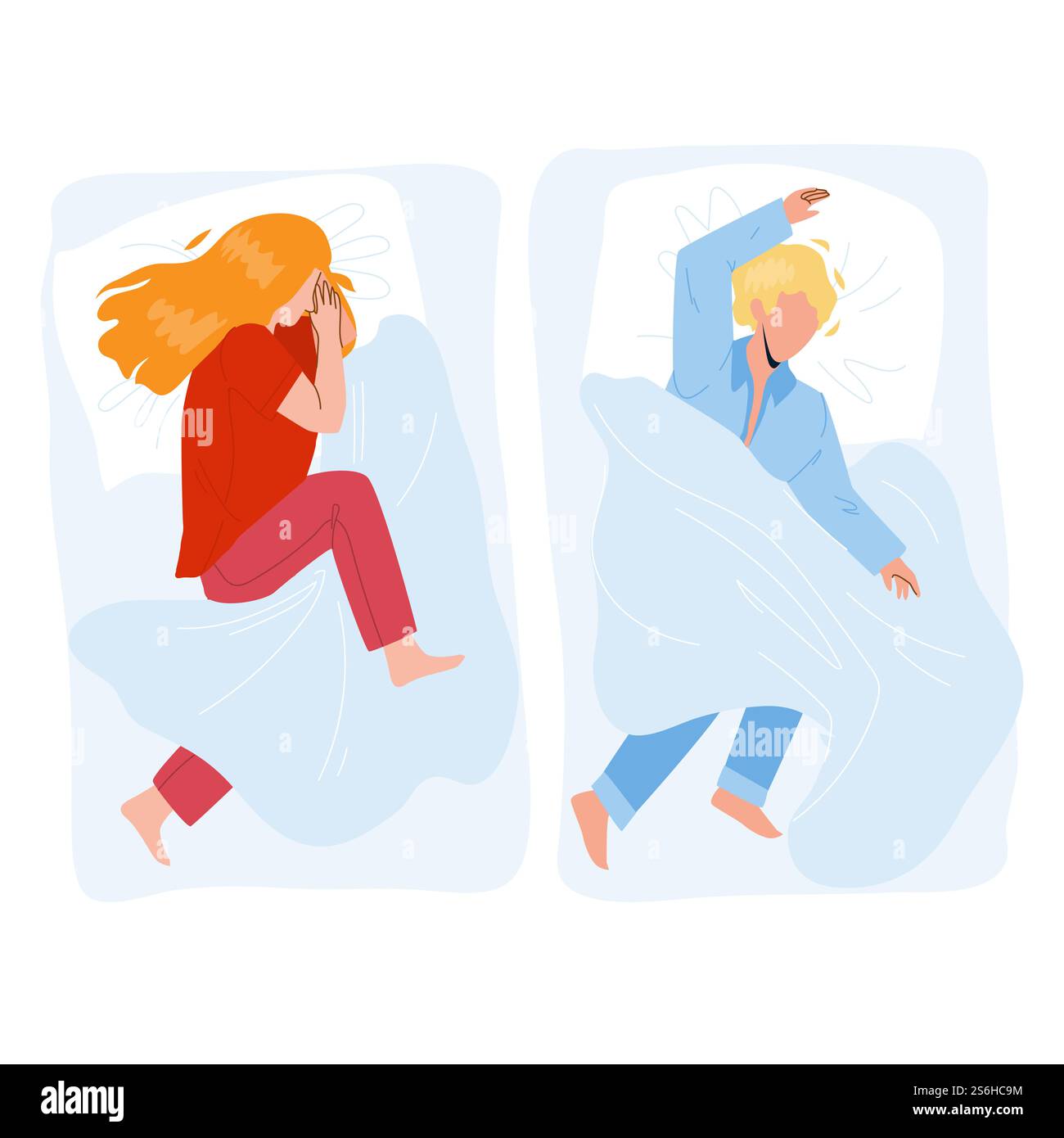 Sleeping Child Boy And Girl In Cozy Bed Vector. On Pillow And Covered ...