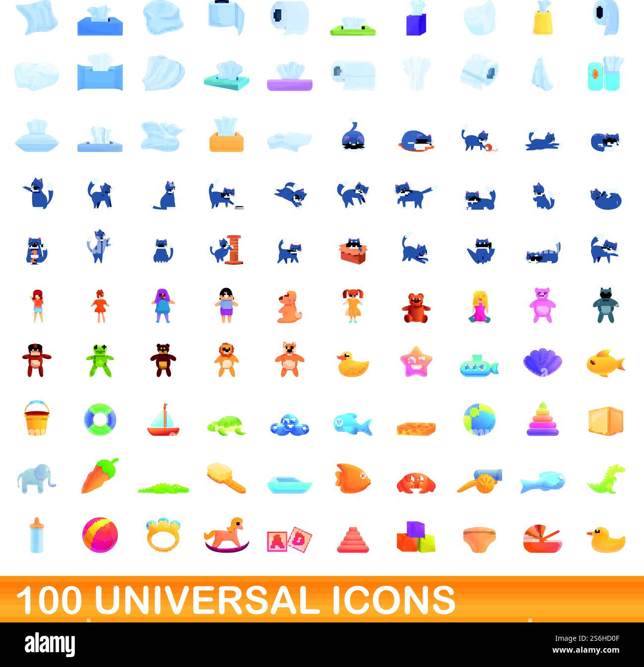 100 universal icons set. Cartoon illustration of 100 universal icons ...