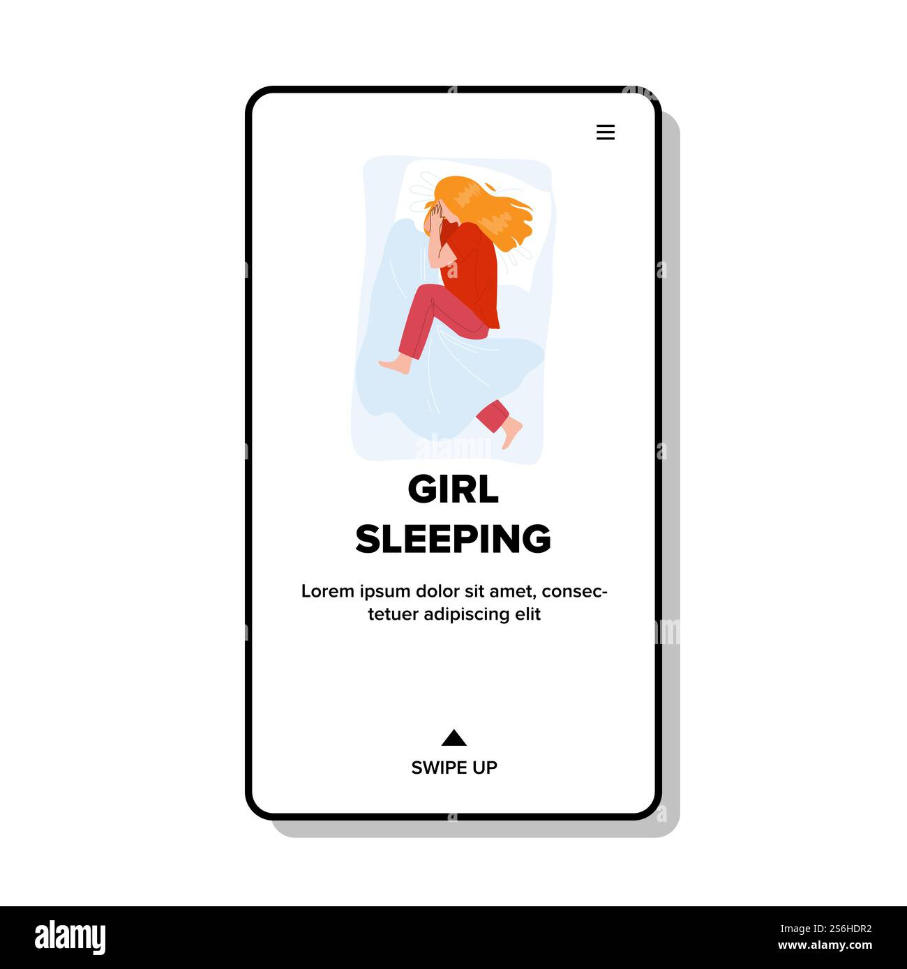 Girl Sleeping In Bedroom Comfortable Bed Vector. Girl Sleeping On Cozy ...