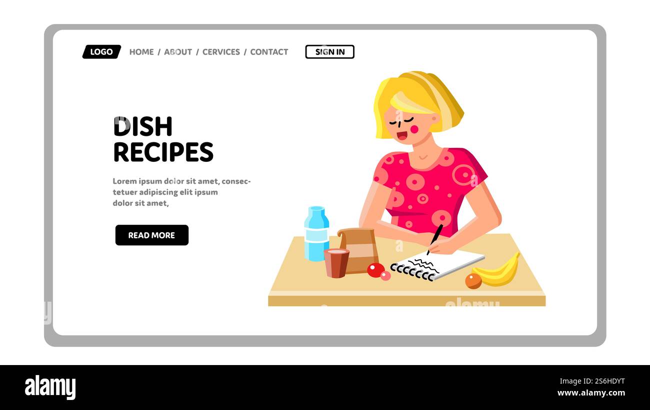 Dish Recipes Woman Writing In Notebook Vector. Young Girl Write In ...