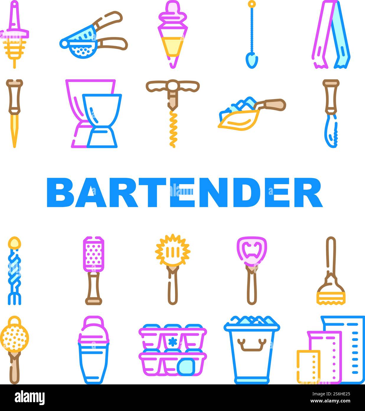 Bartender Accessory Collection Icons Set Vector. Bar Spoon And Grater, Juicer And Ice Breaker ...