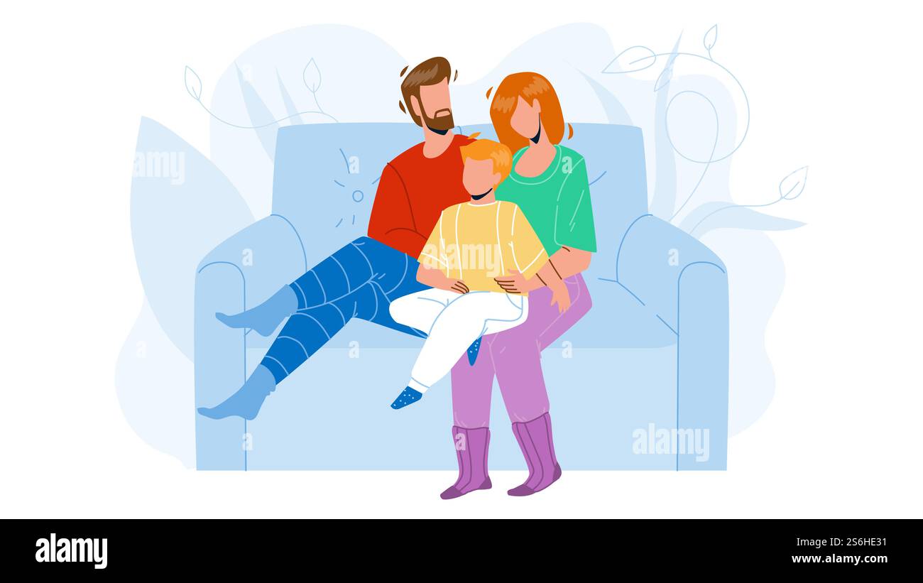 People Relaxing On Cozy Couch Together Vector. Father, Mother And Son ...