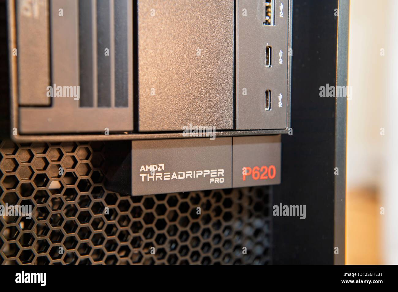 Paris, France - Nov 25, 2020: A close-up of an AMD Threadripper Pro P620 workstation panel ...