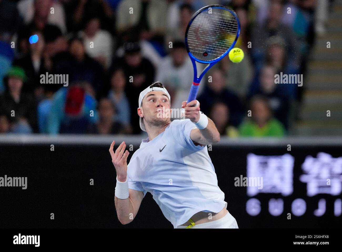 Jack Draper of Britain plays a forehand return to Aleksandar Vukic of ...