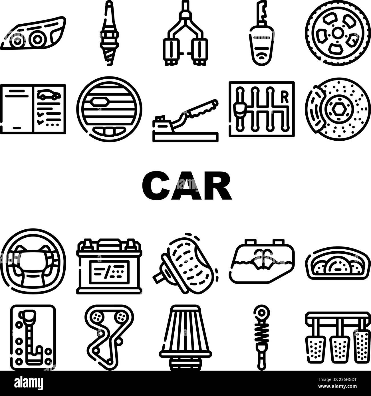 Car Vehicle Details Collection Icons Set Vector. Car Headlight And ...