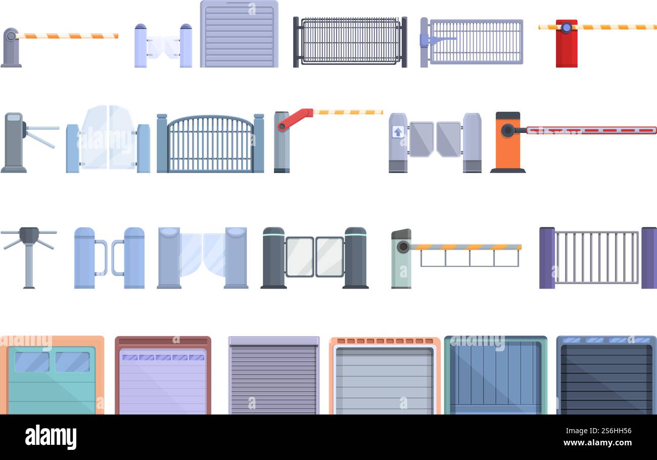 Automatic gate icons set. Cartoon set of automatic gate vector icons ...