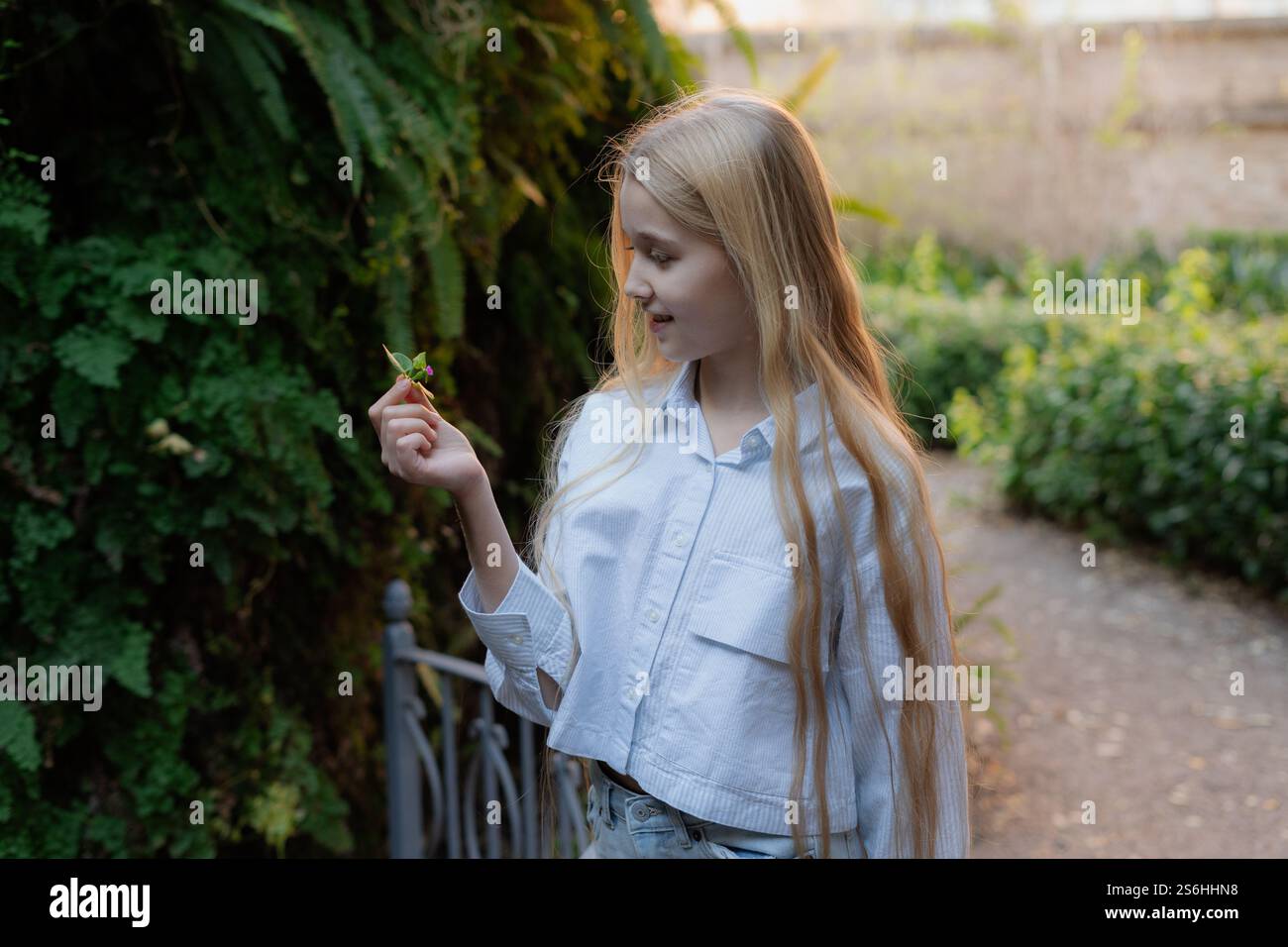 Blonde girl observing a small flower in a garden Stock Photo - Alamy