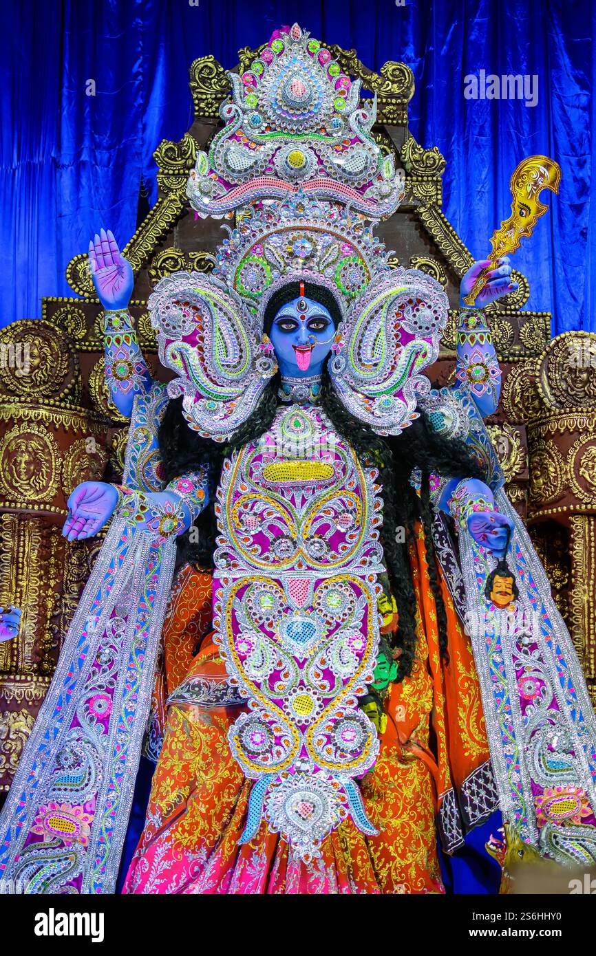 Idol of Goddess Maa Kali at a decorated puja pandal in West Bengal ...