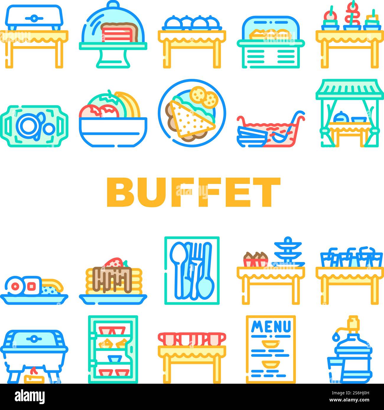 Buffet Food And Drinks Collection Icons Set Vector. Buffet Showcase ...