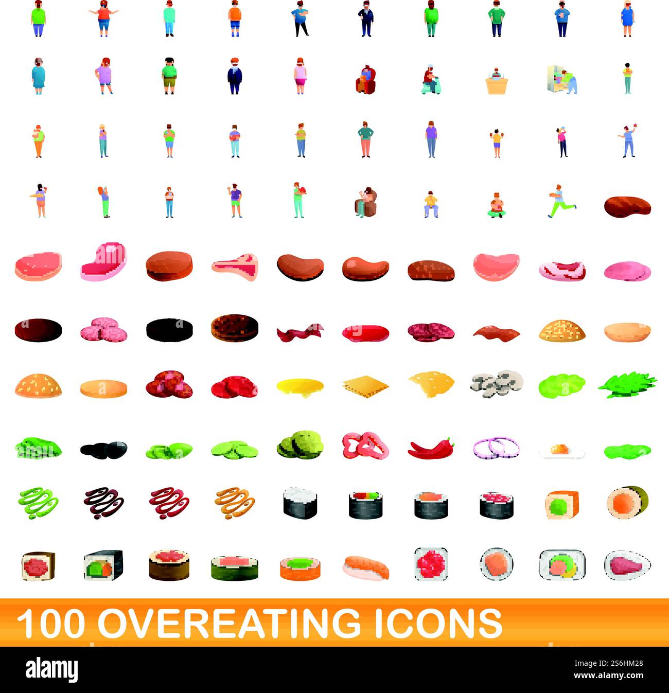100 overeating icons set. Cartoon illustration of 100 overeating icons ...
