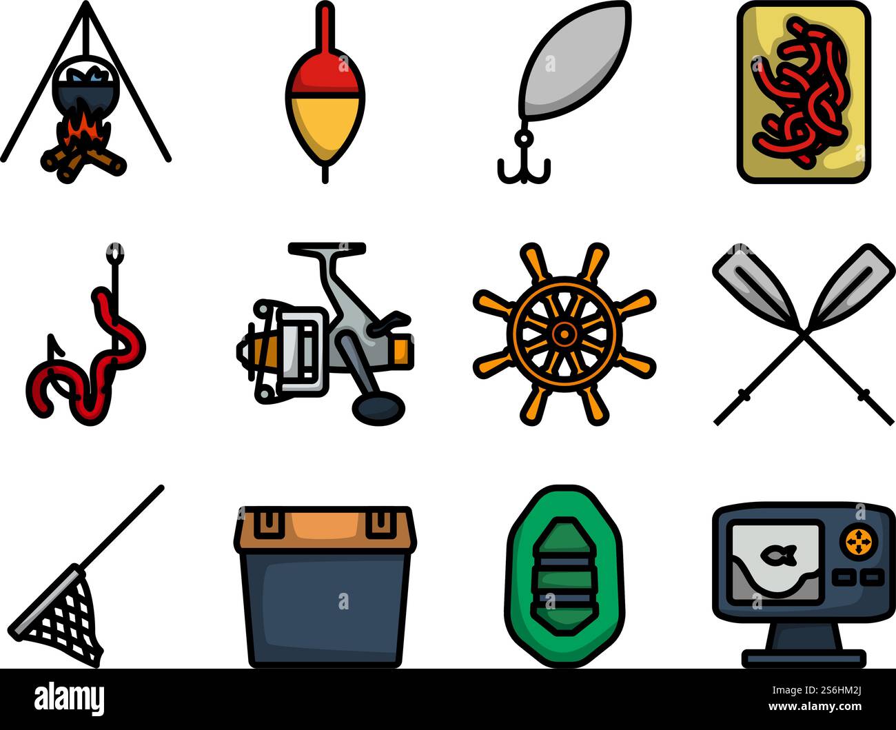 Fishing Icon Set. Editable Bold Outline With Color Fill Design. Vector ...