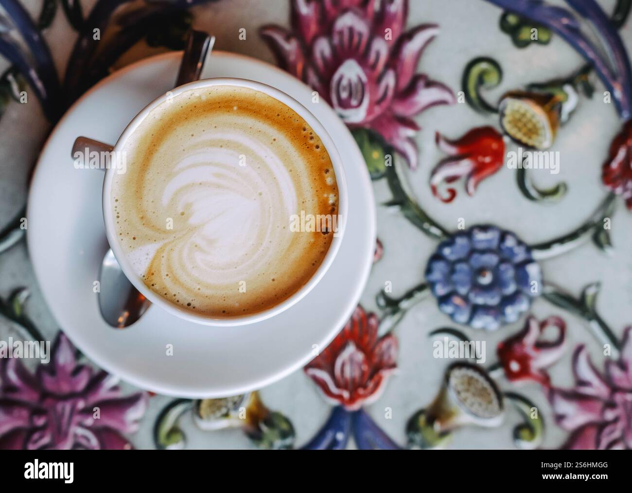 Morning coffee on colorful table Stock Photo - Alamy