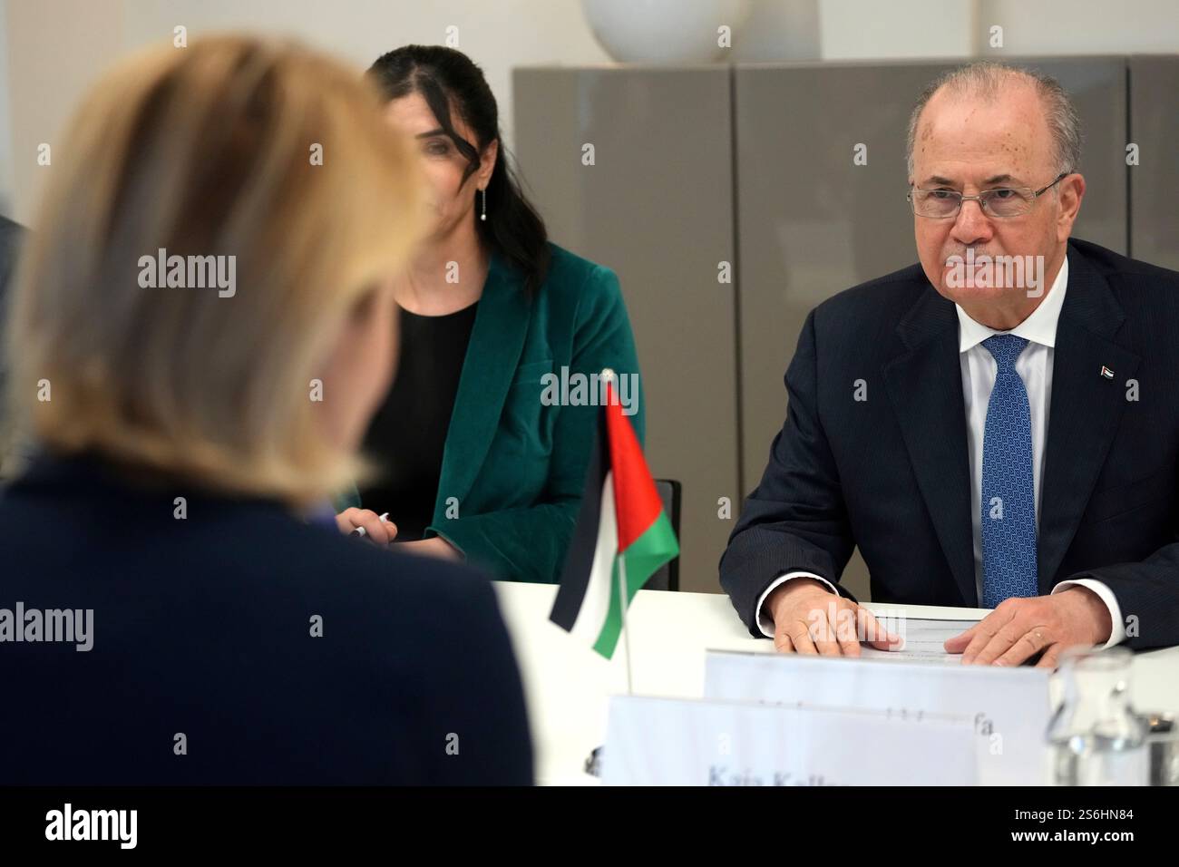 European Union foreign policy chief Kaja Kallas, left, speaks with ...