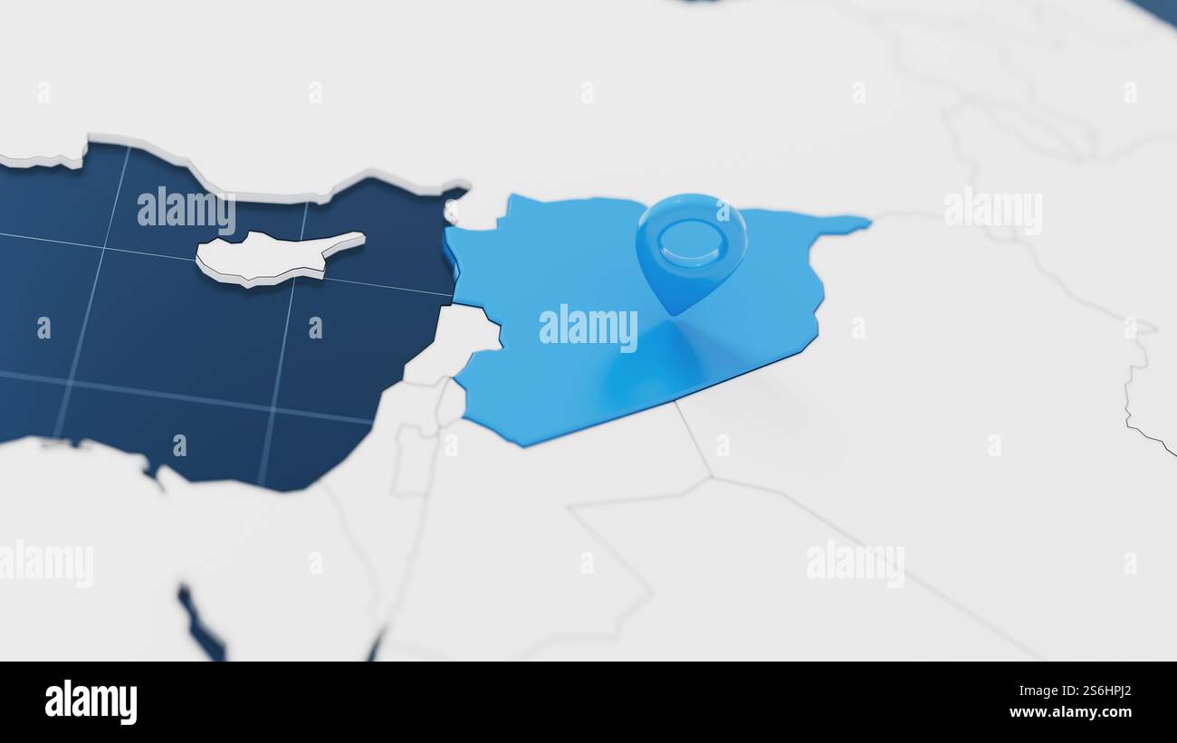Blue Syria 3d map with pointer pin surrounded with other countries in ...