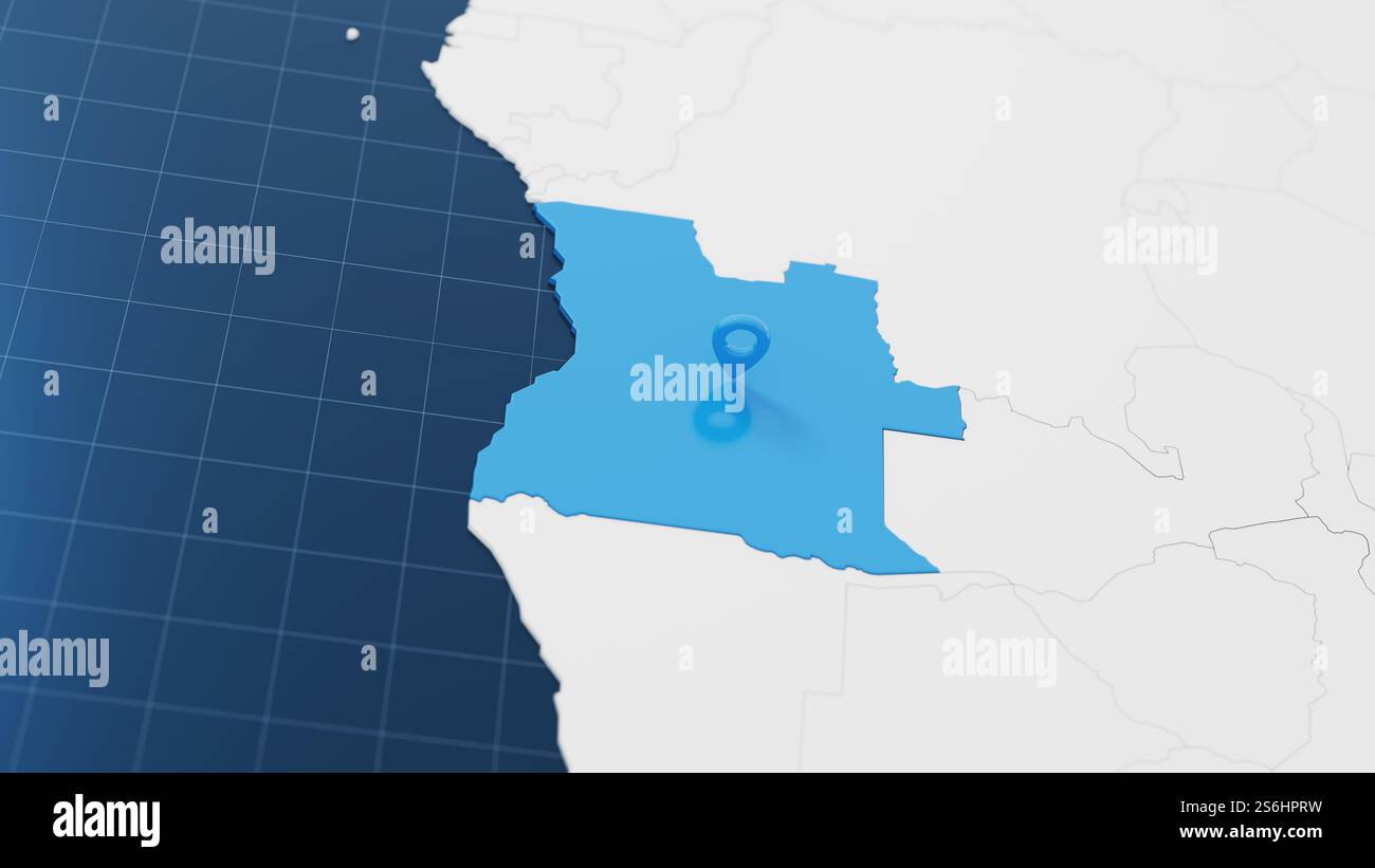 Blue Angola 3d map with pointer pin surrounded with other countries in ...